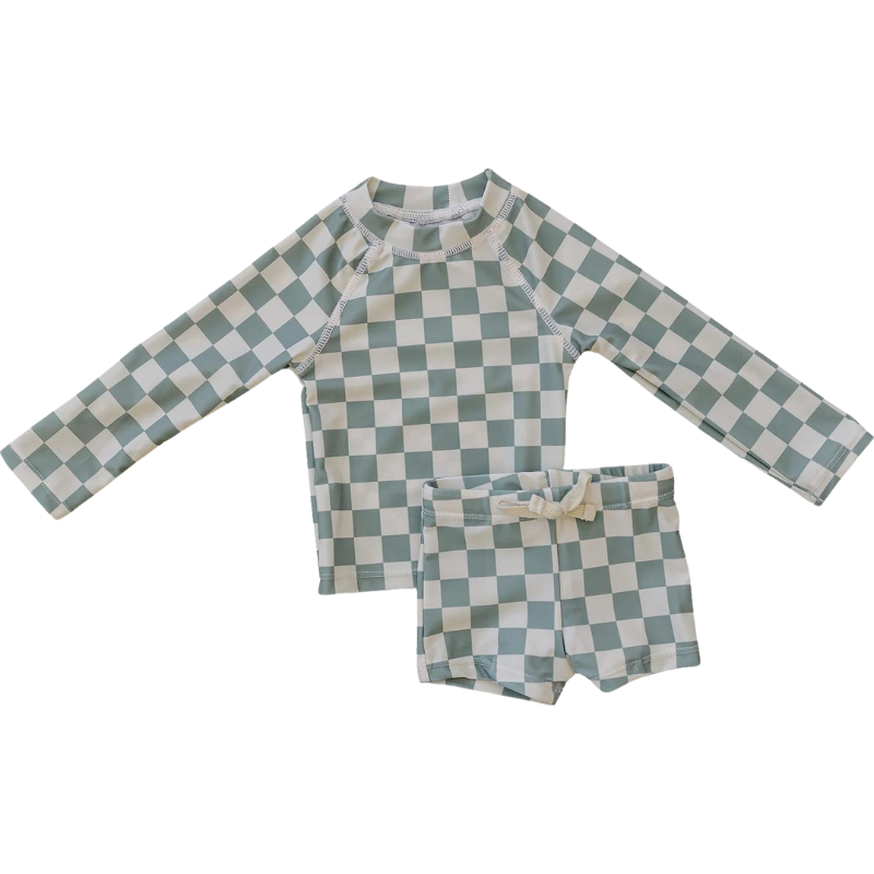 Mebie Baby - Checkered Two-Piece Swim Set in Dusty Blue – Roman & Leo ...