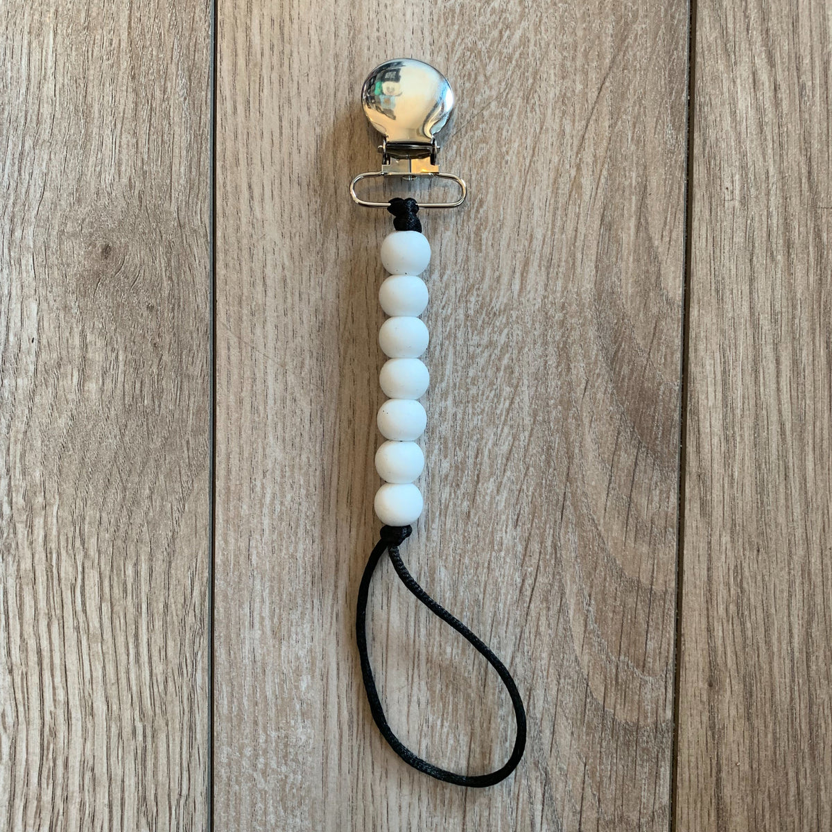 Silicone MINI Pacifier Clip in White with Black Cord – Roman & Leo ...